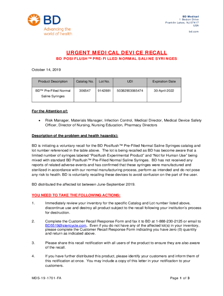 Fillable Online BD Medical Voluntarily Recalls BD PosiFlush SF Saline ...