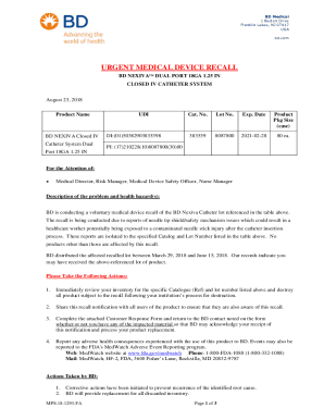 Fillable Online Class 2 Device Recall BD NEXIVA Closed IV Catheter ...