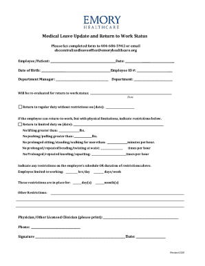 Fillable Online apps hr emory return-to-work-form.pdf - Emory HR Fax ...