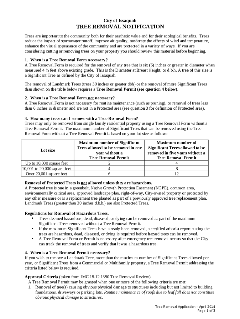 Tree Removal Notification - City of Issaquah Doc Template | pdfFiller