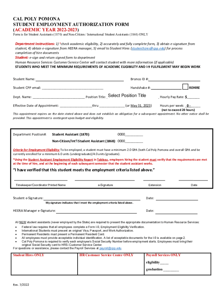 Fillable Online Student Assistant Signature Authorization Form Fax ...