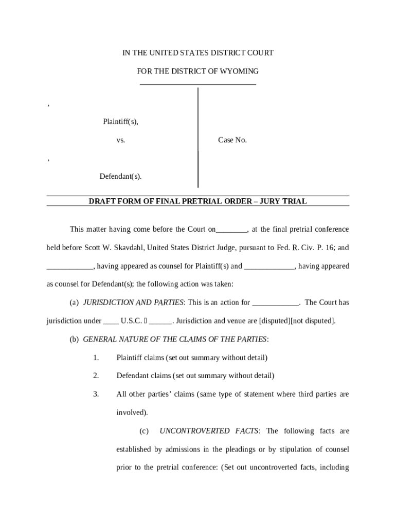 Draft of Final PreTrial Order - Jury Trial Doc Template | pdfFiller