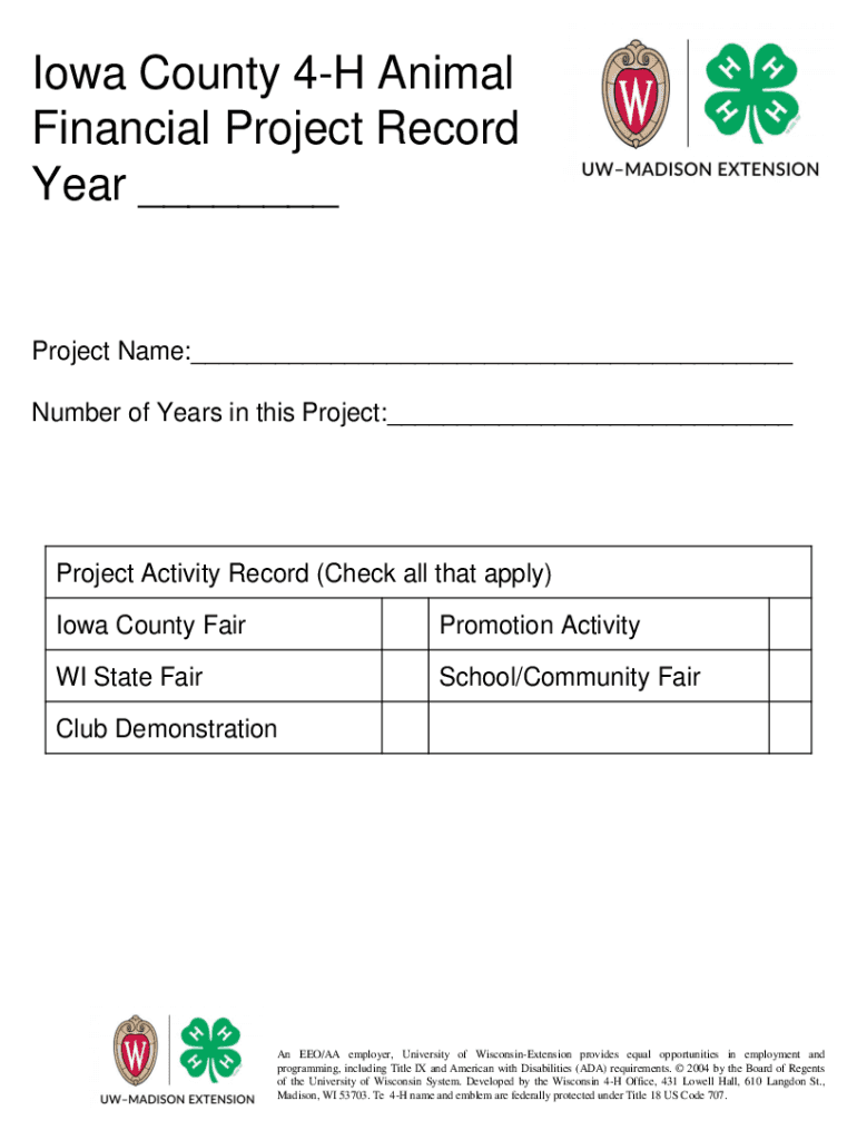 Fillable Online Iowa County 4-H Animal Financial Project Record Year ...