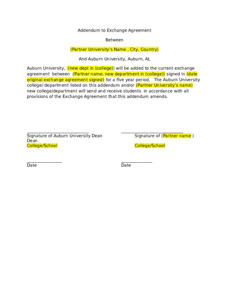 Addendum to Exchange Agreement Template Doc Template | pdfFiller
