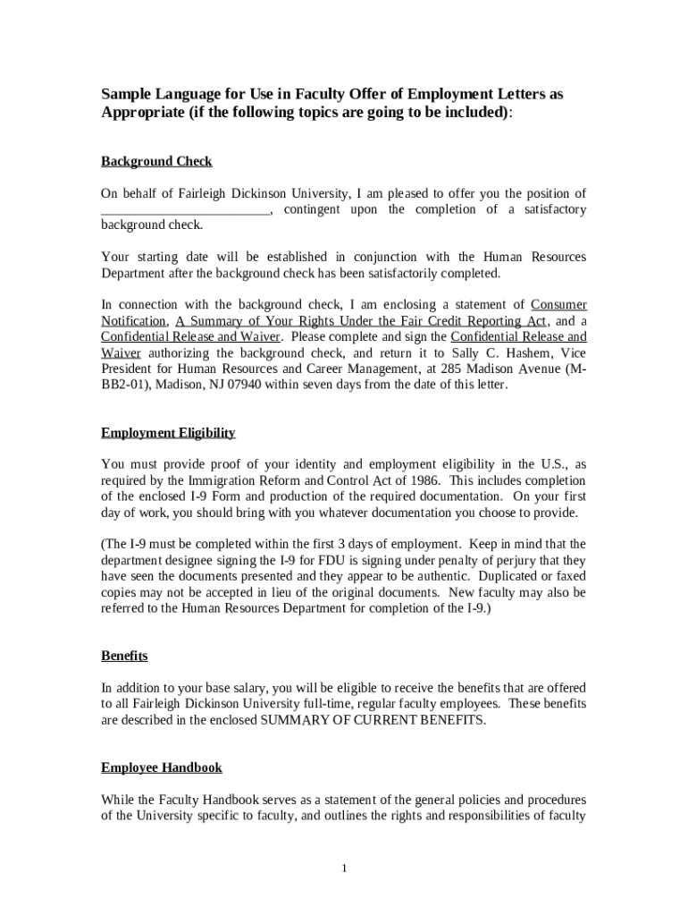 SAMPLE OFFER LETTER #3 for Full-Time Faculty Positions - hr fdu Doc Template | pdfFiller