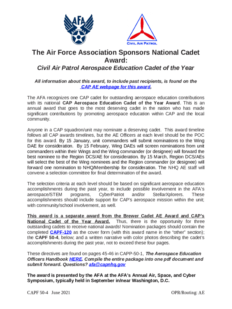 AFA National CAP AE Cadet Of The Year Award Doc Template | pdfFiller