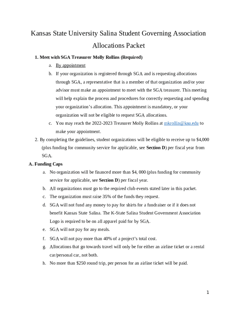 SGA Allocations Packet - K-State Salina Doc Template | pdfFiller