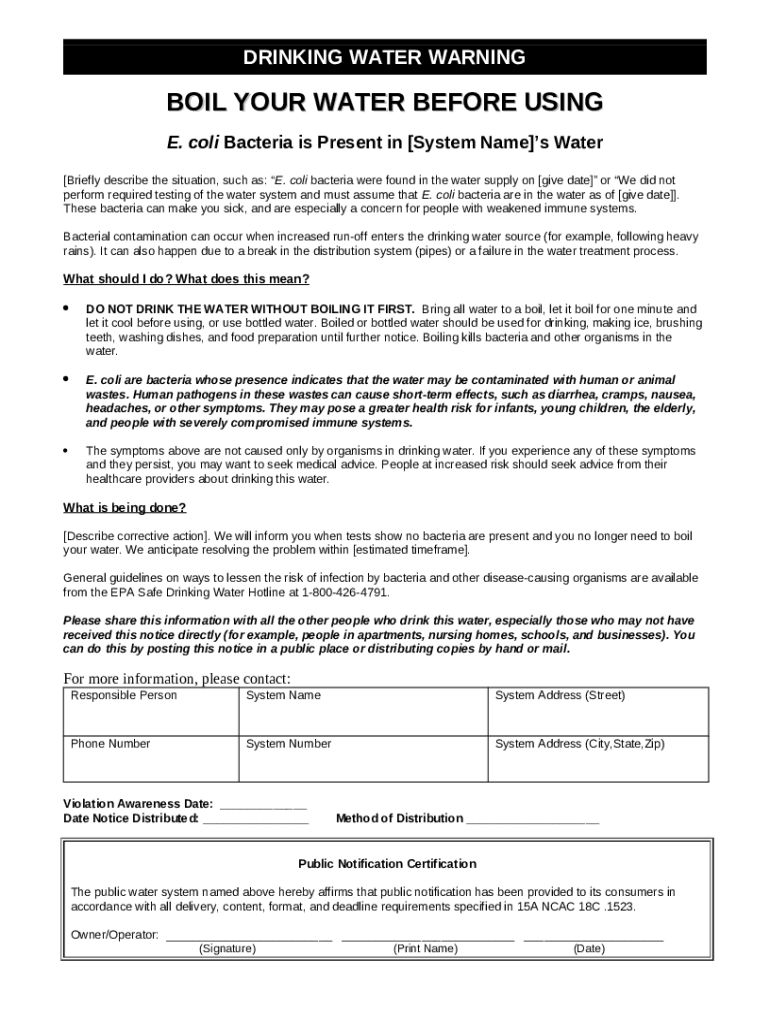 Drinking Water E. Coli Contamination Boil Advisory Template Doc ...
