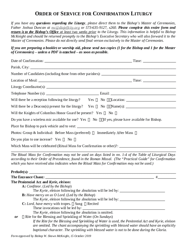 Order of Service for Confirmation Liturgy Doc Template | pdfFiller