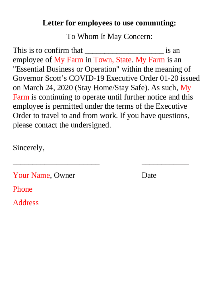Letter for employees to use commuting Doc Template | pdfFiller