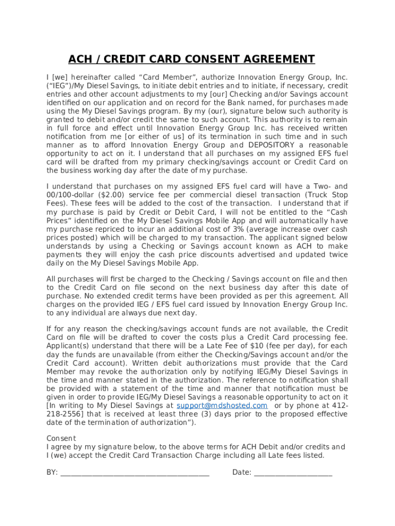 ach / credit card consent agreement Doc Template | pdfFiller