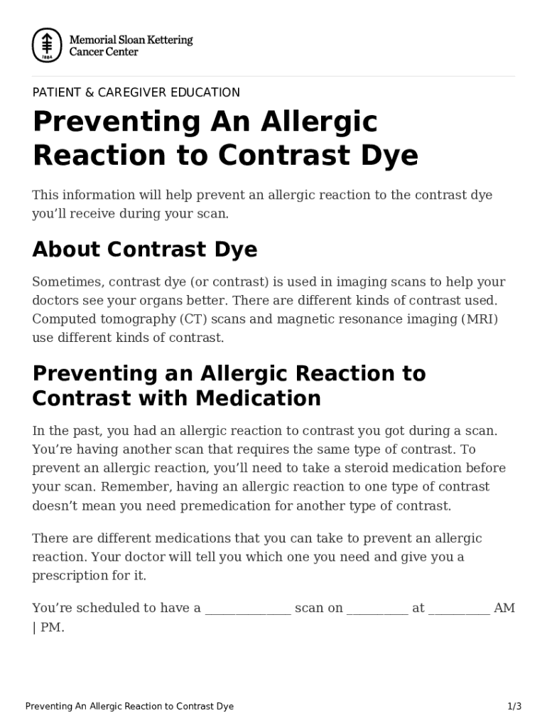 Fillable Online Preventing An Allergic Reaction to Contrast DyeMemorial ...