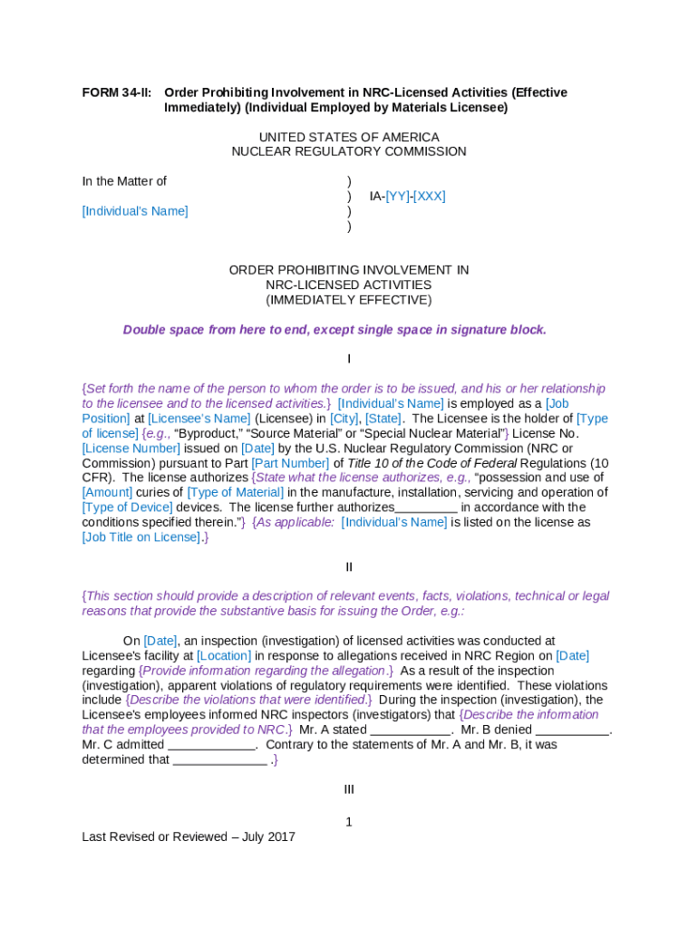 34-II: Order Prohibiting Involvement in NRC-Licensed Activities ... Doc ...