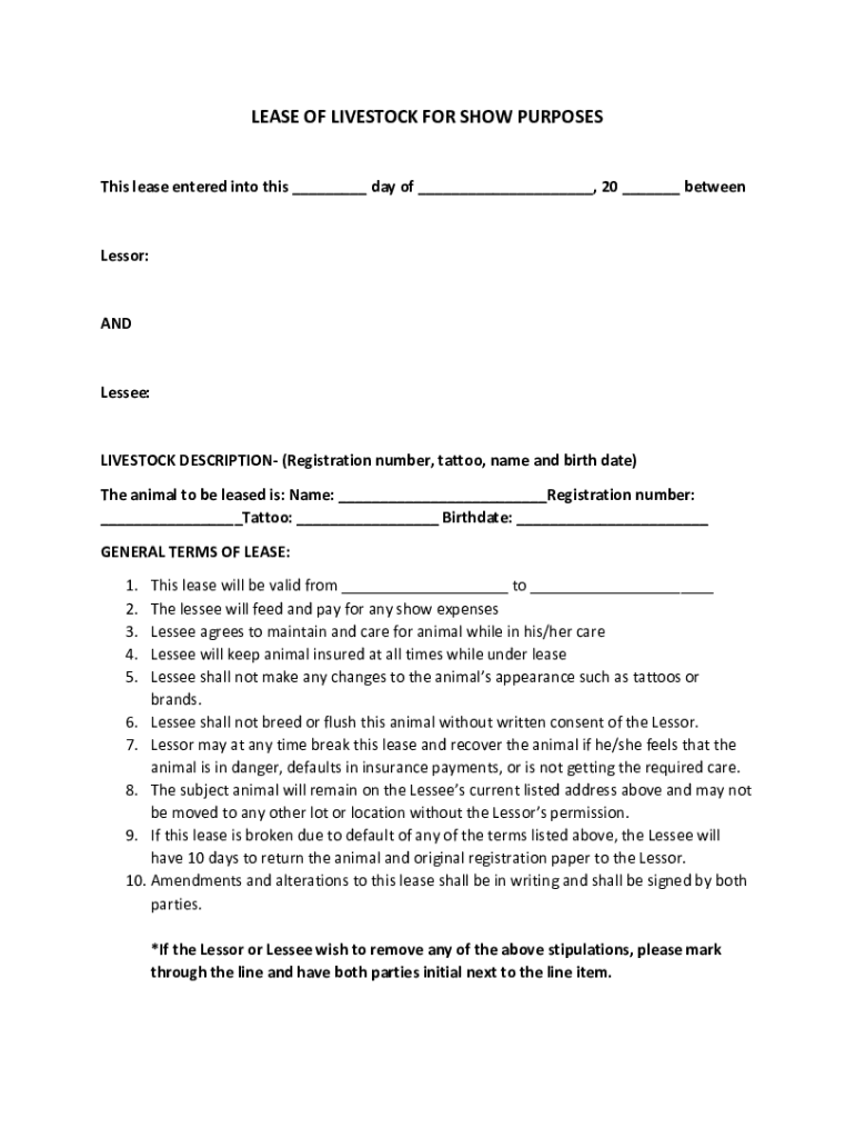 Fillable Online This animal lease agreement is entered into between the ...