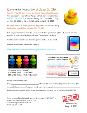 Fillable Online Mail-In Pre-Order Form for Duck Race Certificates Fax ...