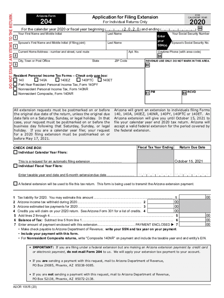 Fillable Online Arizona Form 204 FOR CALENDAR YEAR Application ... Fax ...