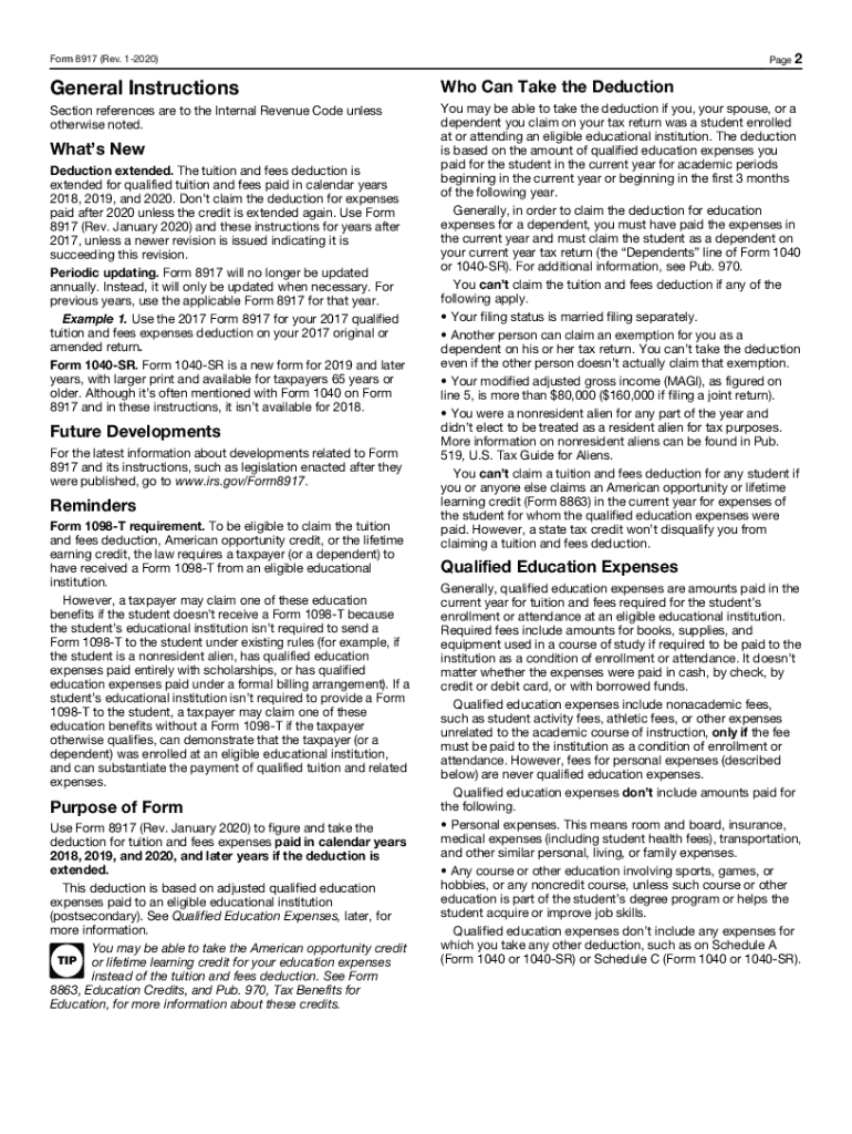 Fillable Online Form 8917 (Rev. January 2020). Tuition and Fees ...