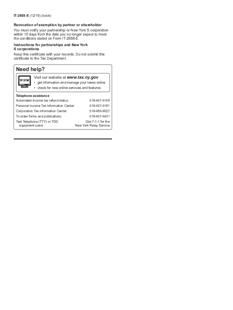Fillable Online Form IT-2658-E:12/19:Certificate of Exemption ... - Tax ...