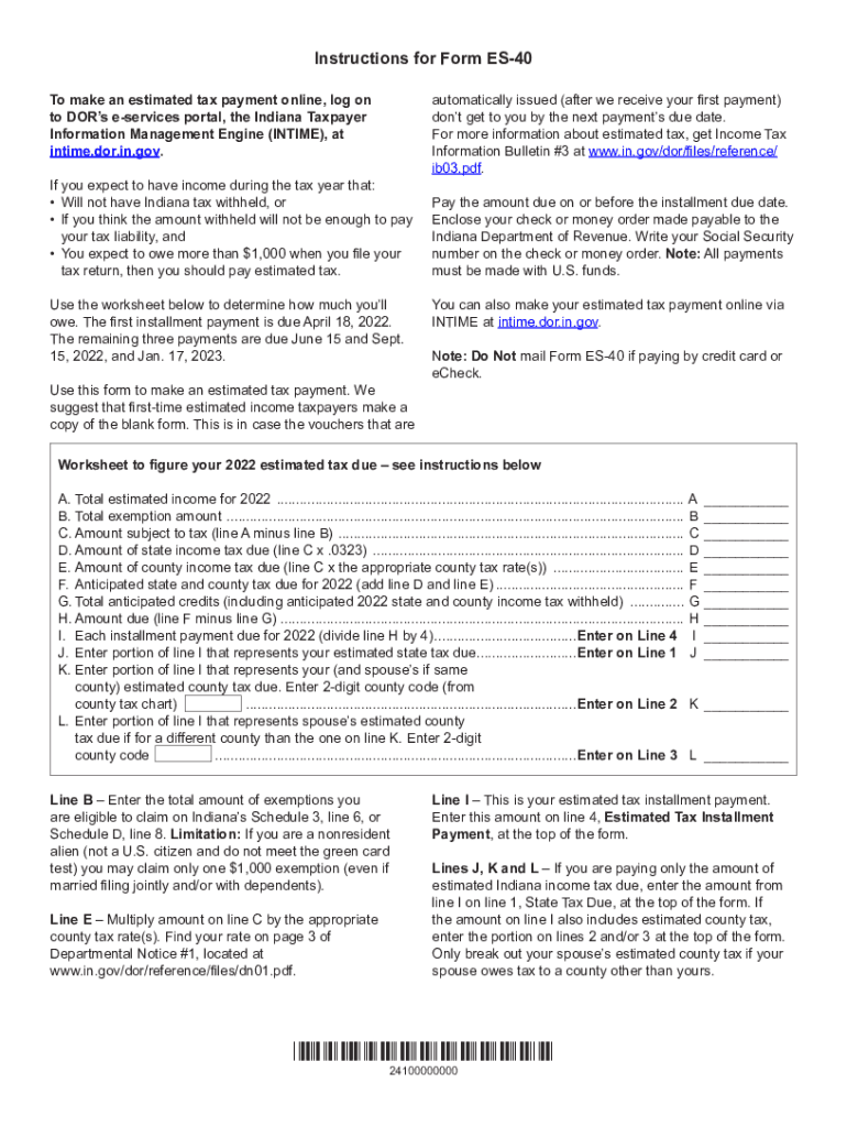Indiana Estimated Tax Payment Form ES-40 - Blank Fillable Template ...