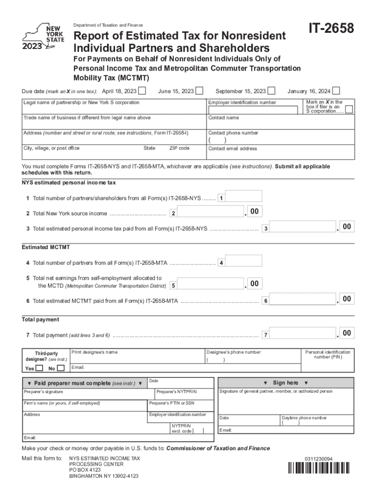 Fillable Online Form IT-2658 Report of Estimated Tax for Nonresident ...