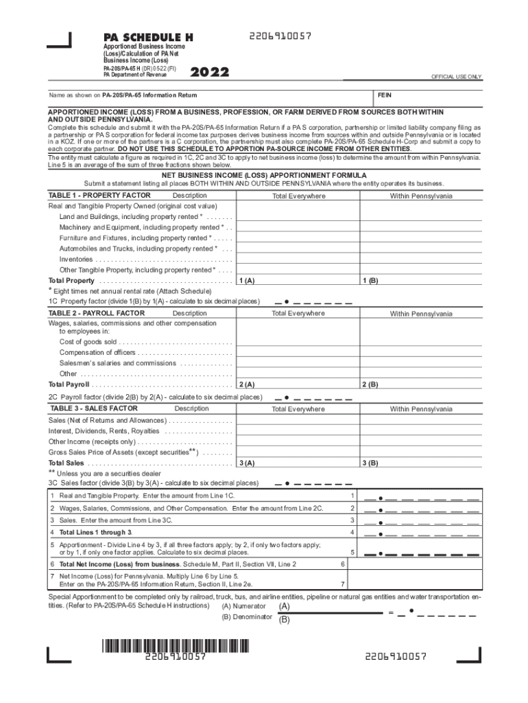 Fillable Online Form PA-20S (PA-65 H-CORP) Schedule H- ... Fax Email ...