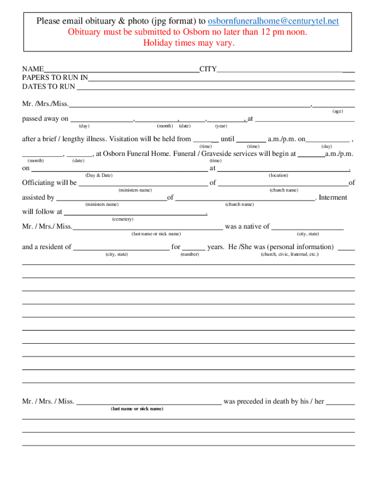 Fillable Online How to place a death notice or obituary Fax Email Print - pdfFiller
