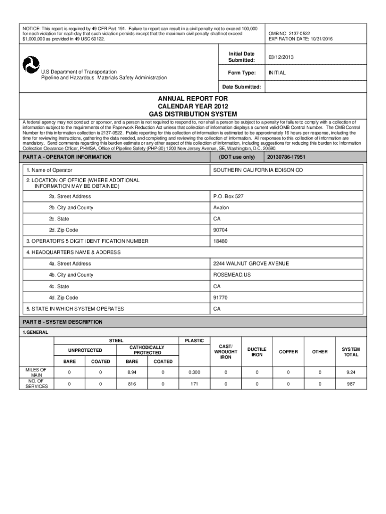 Fillable Online ANNUAL REPORT FOR CALENDAR YEAR 2012 GAS ... Fax Email Print - pdfFiller