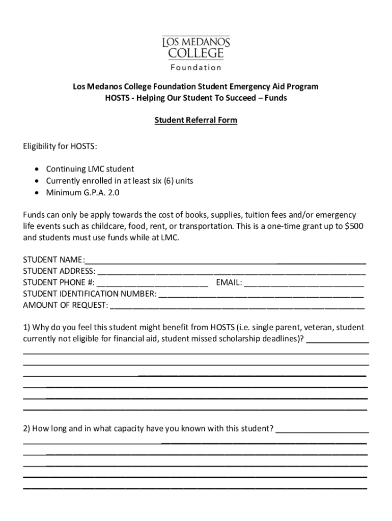 Fillable Online Helping Our Student To SucceedFunds Student Referral ...