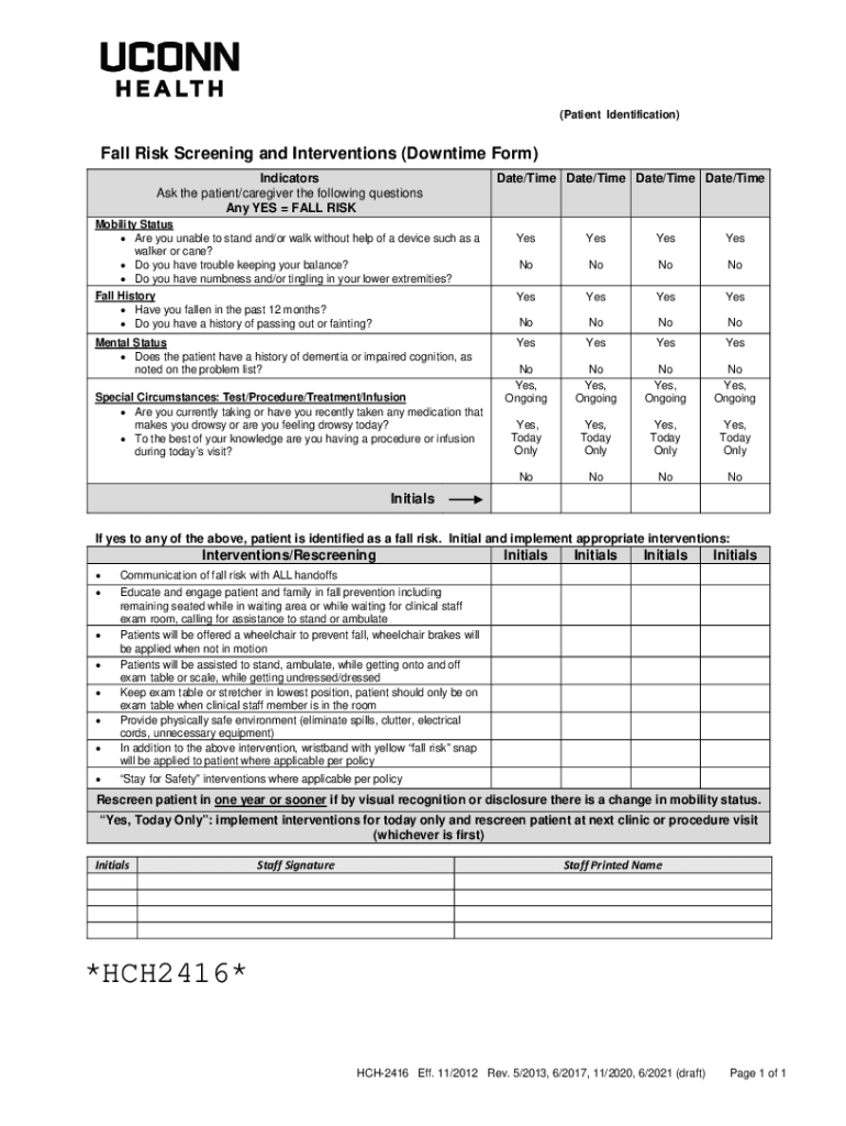 Fillable Online Fall Risk Screening and Interventions (Downtime Form ...