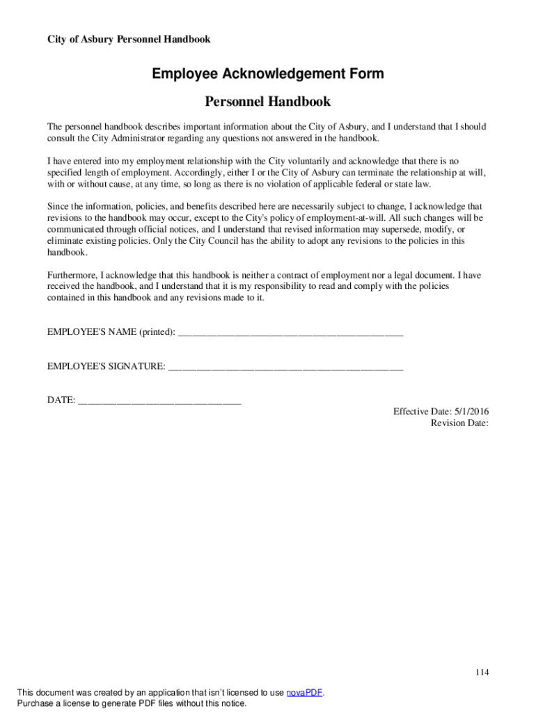 Fillable Online Employee Acknowledgement Form Personnel Handbook Fax Email Print - pdfFiller