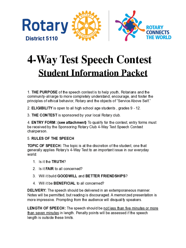Fillable Online 4-Way Test Speech Contest - Student Information Packet ...