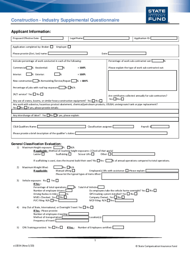 Fillable Online Construction - Industry Supplemental Questionnaire - State Fund Fax Email Print ...