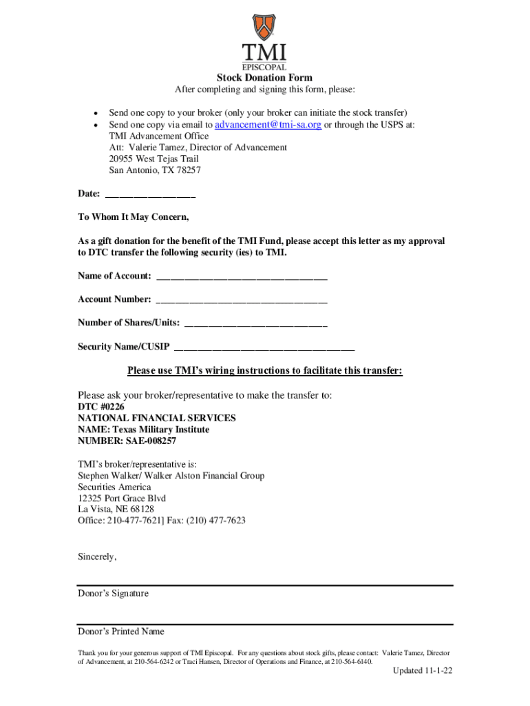 Fillable Online Stock Donation Form Please use TMI's wiring ...