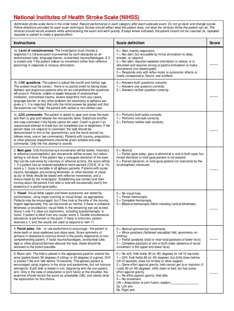 Fillable Online The Stroke Scale (National Institute of Health) Fax ...