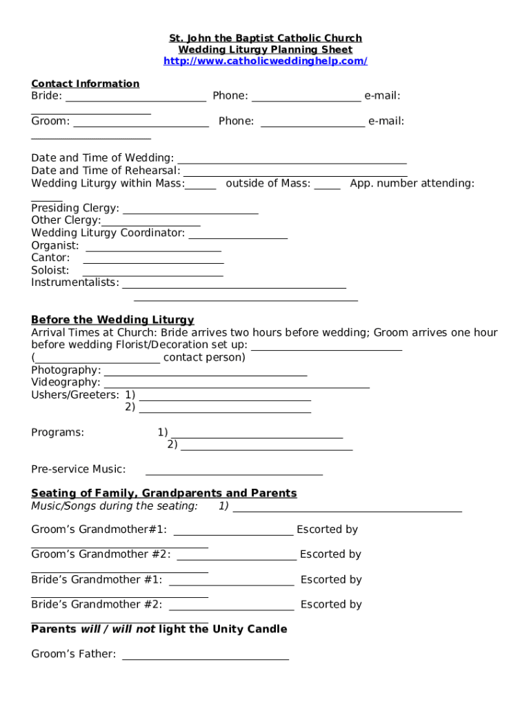 Your Wedding at St. Joseph's Catholic Church Doc Template | pdfFiller