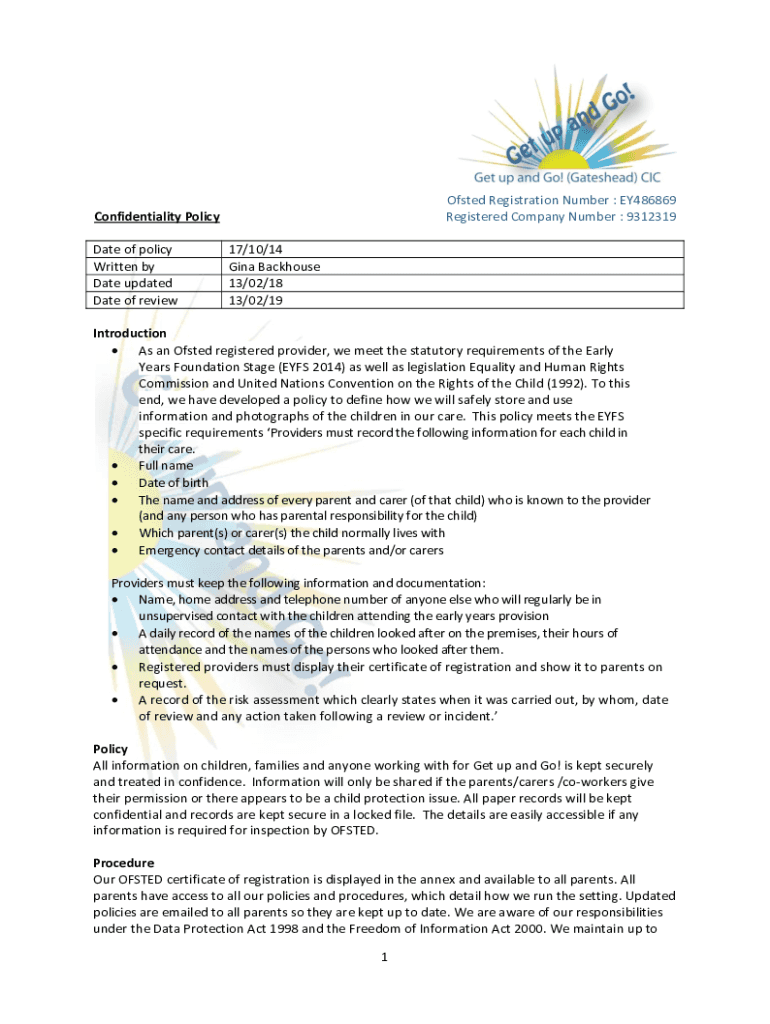 Fillable Online 1 Ofsted Registration Number : EY486869 Confidentiality ...
