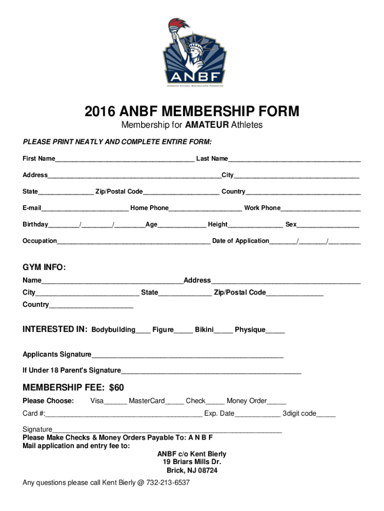 Fillable Online 2016 ANBF MEMBERSHIP FORM Fax Email Print - pdfFiller