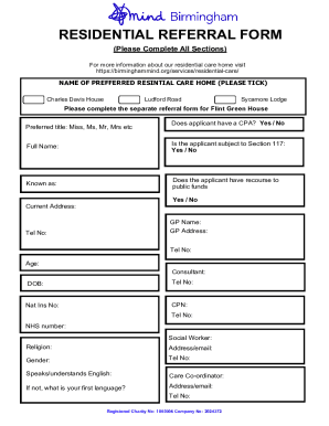 Fillable Online RESIDENTIAL REFERRAL FORM - Birmingham Mind Fax Email ...