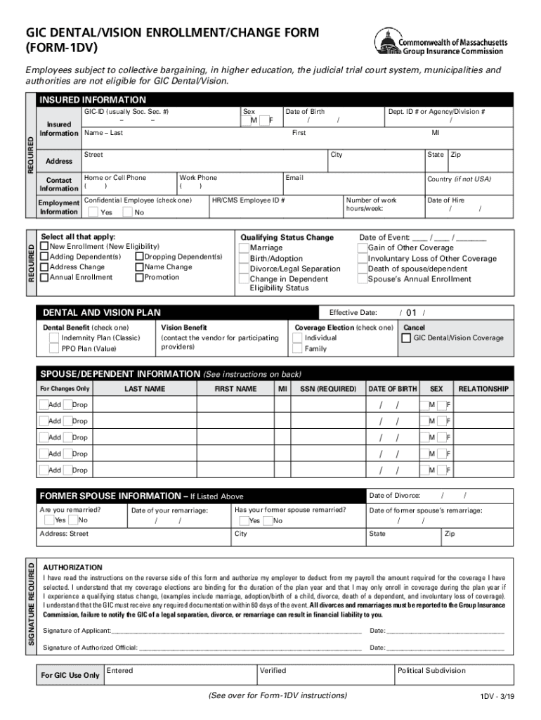 Fillable Online gic dental/vision enrollment/change form (form-1dv) - Mass. ... Fax Email Print ...