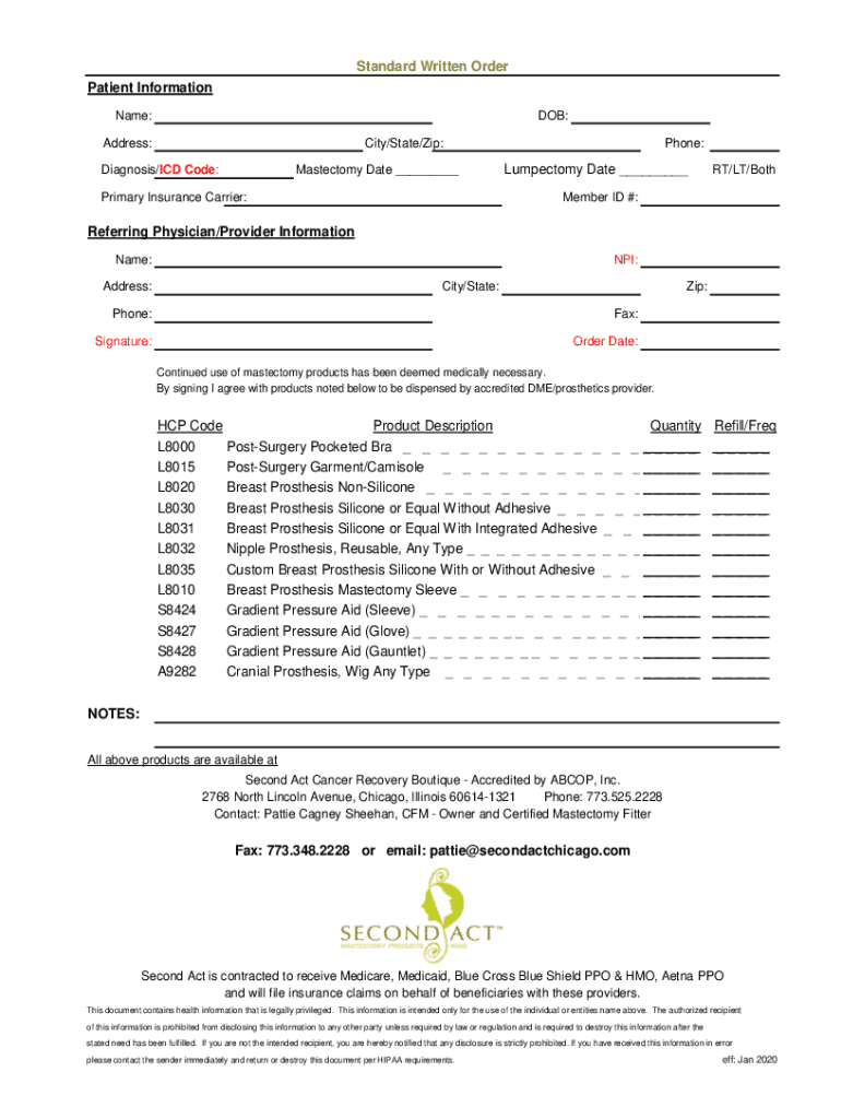 Fillable Online Standard Written Order Patient Information Lumpectomy ...