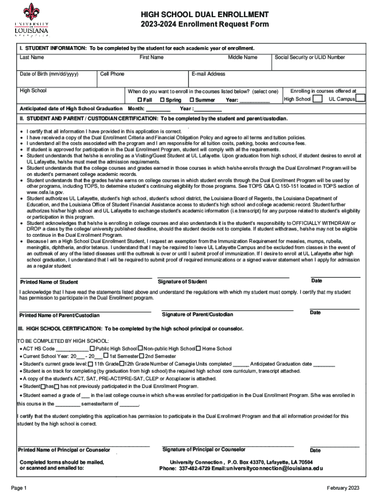 Fillable Online universityconnection louisiana 2023-2024 Enrollment ...