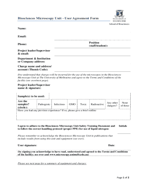 Fillable Online Biosciences Microscopy Unit - User Agreement Form Fax ...