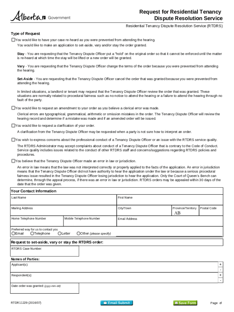 Fillable Online Request for Residential Tenancy Dispute Resolution Service. This form is used ...