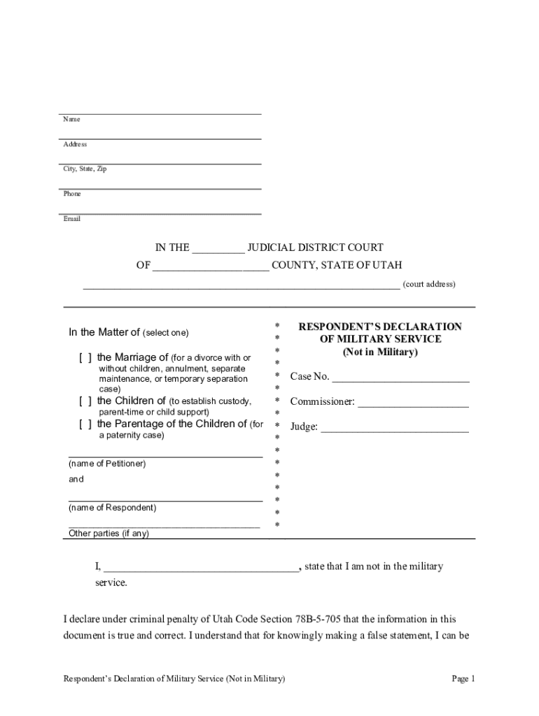 Fillable Online RESPONDENT'S DECLARATION OF MILITARY SERVICE (Not in ... Fax Email Print - pdfFiller