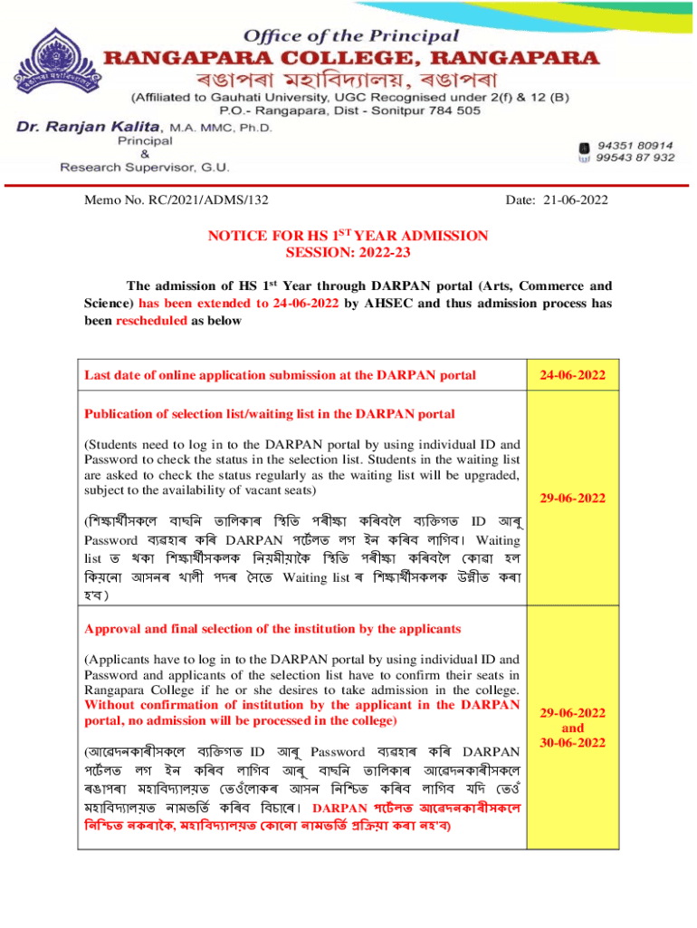Fillable Online Darpan Admission Portal 2023AHSEC HS 1st Year Form ...