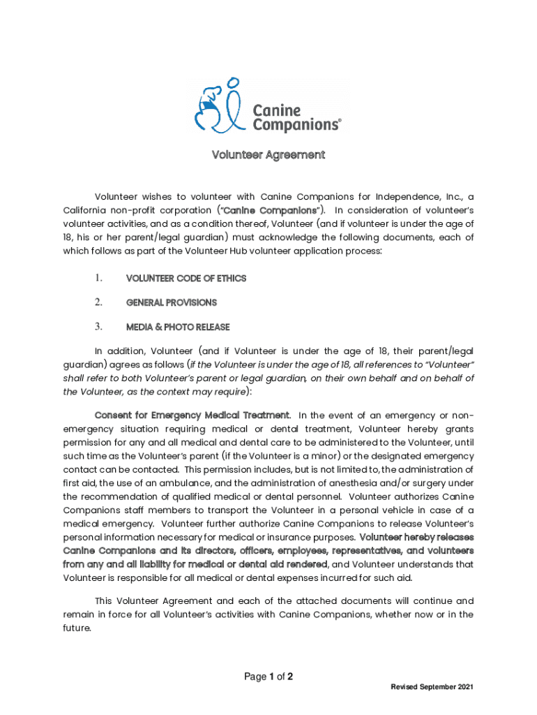 Fillable Online Volunteer Acknowledgement Form. Canine Companion ...
