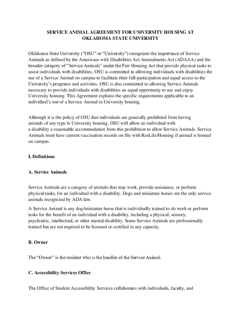 Fillable Online reslife okstate service animal agreement for university ...