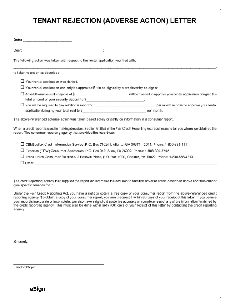 Fillable Online Tenant Rental Application Rejection Letter Fax Email