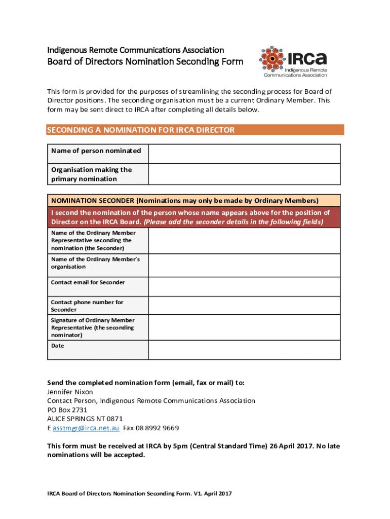 Fillable Online Board of Directors Nomination Seconding Form Fax Email Print - pdfFiller