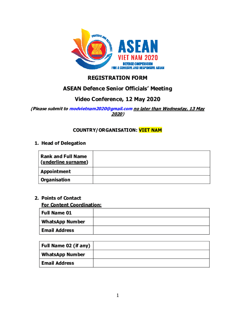 Fillable Online REGISTRATION FORM ASEAN Defence Senior Officials ...